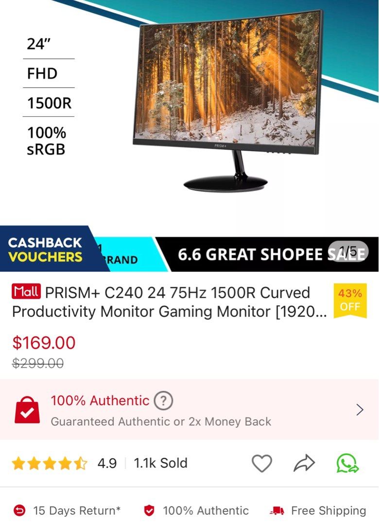 Prism C240 Curved Monitor, Computers & Tech, Parts & Accessories ...