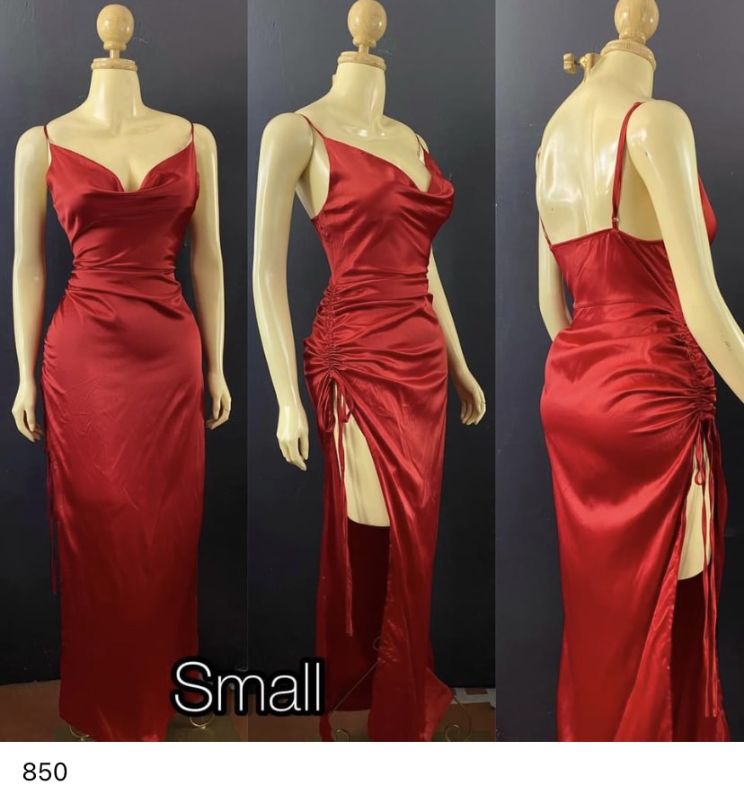 RED LONG SATIN SILK DRESS WITH SLIT, Women's Fashion, Dresses & Sets ...