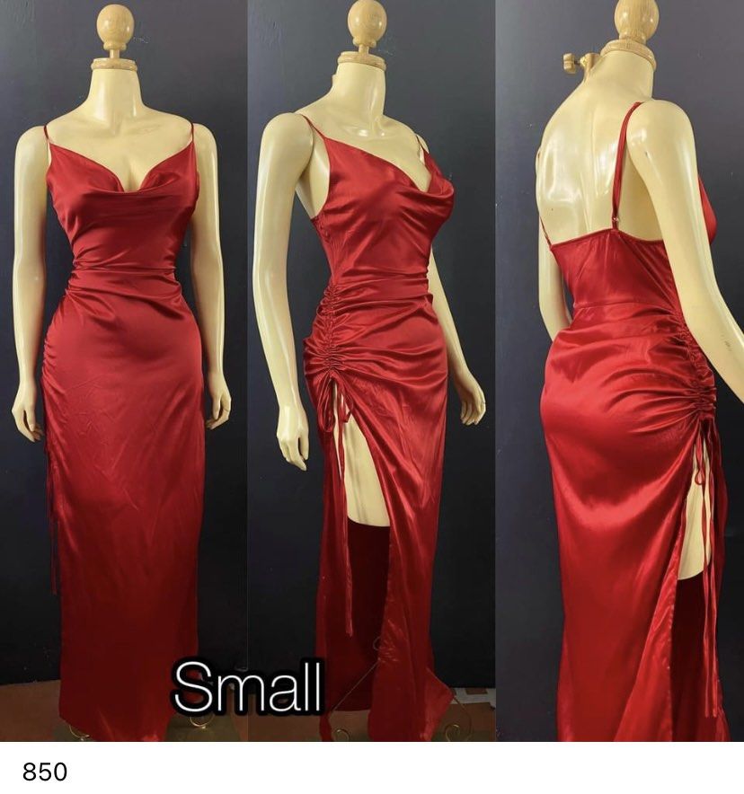 RED LONG SATIN SILK DRESS WITH SLIT, Women's Fashion, Dresses & Sets ...