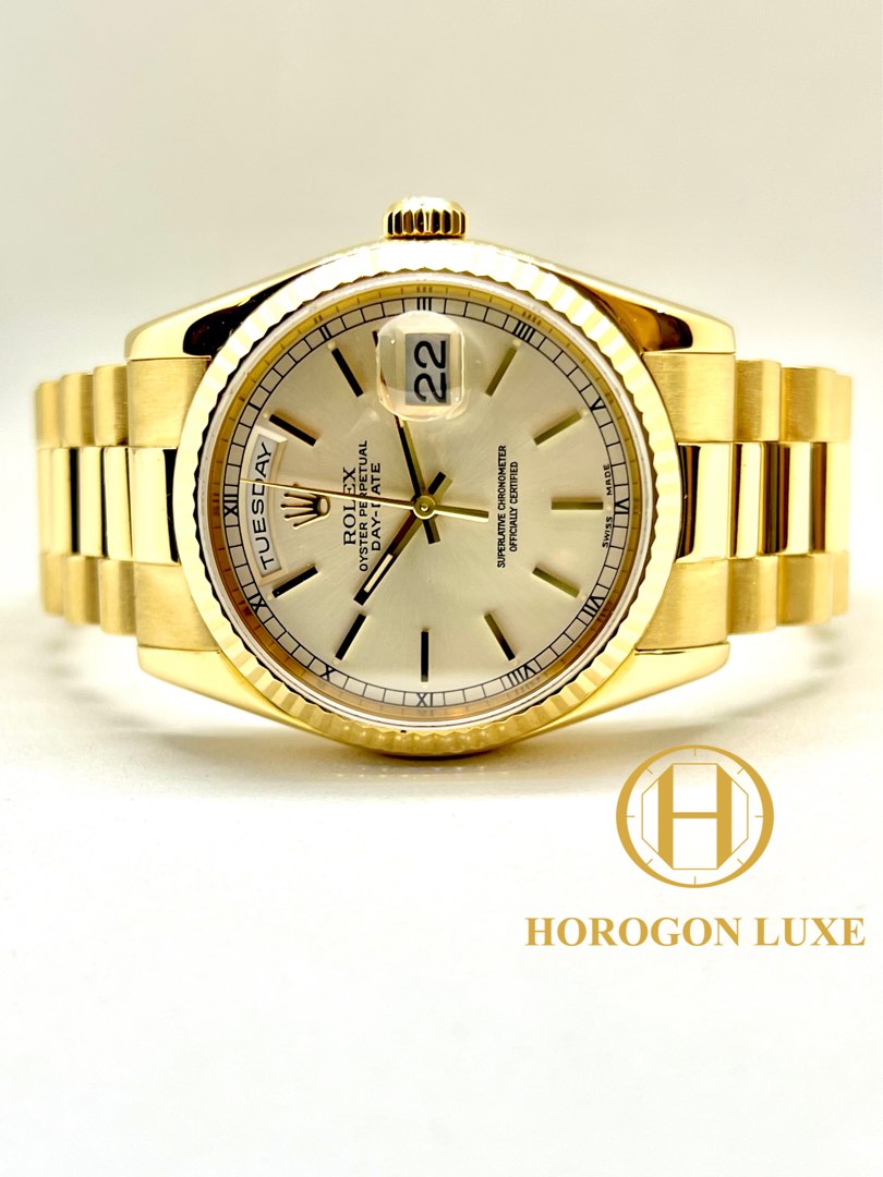 Rolex 118238 Silver Dial President Daydate 18K Gold With Certificate ...