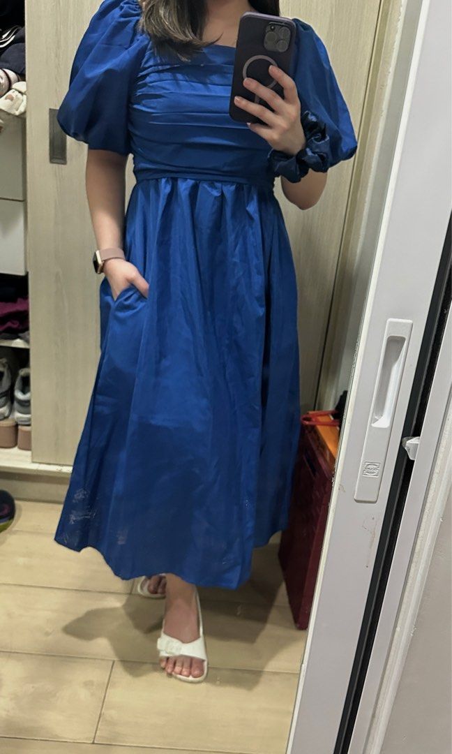 Royal Blue Puff Sleeves Midi dress, Women's Fashion, Dresses & Sets ...