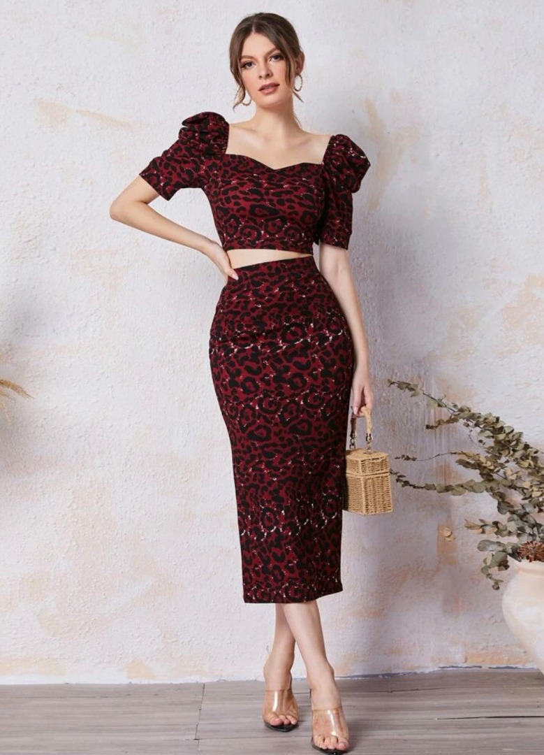 Shein Puffed Sleeves Coords Fitted Red Leopard Top and Skirt Set, Women ...