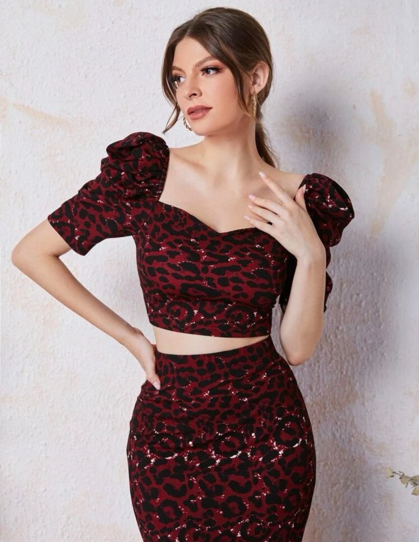 Shein Puffed Sleeves Coords Fitted Red Leopard Top and Skirt Set, Women ...