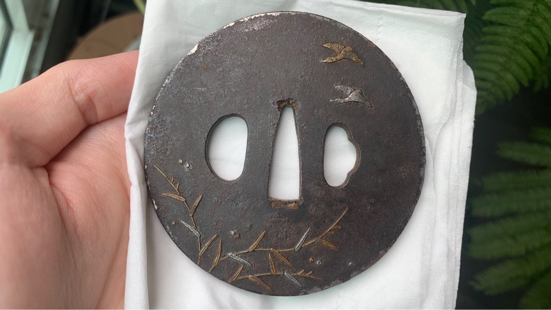 Tsuba with Birds and Plants Design [#7] (Japanese samurai sword hand ...