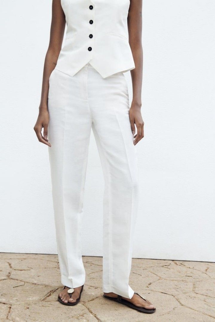 Zara white linen straight trouser pants, Fesyen Wanita, Pakaian Wanita ...