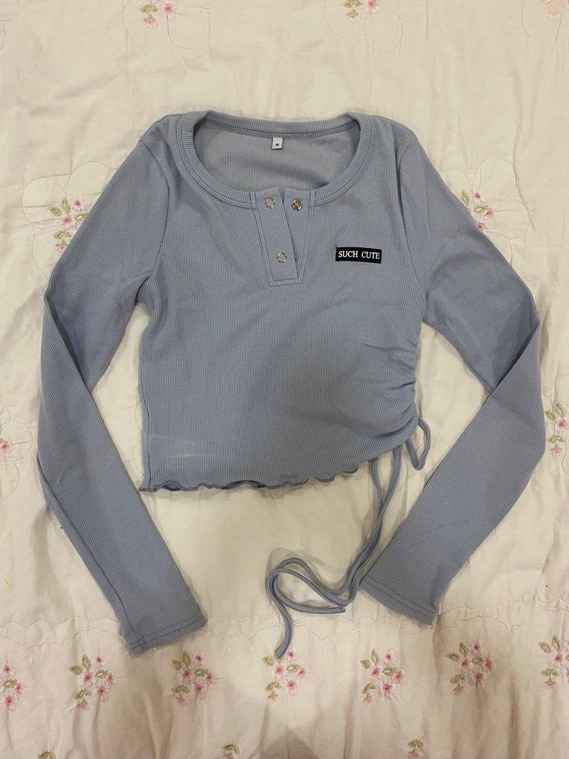 acubi long sleeves and korean blue gray plaid a-line skirt on Carousell