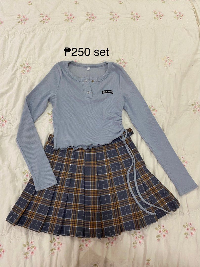 acubi long sleeves and korean blue gray plaid a-line skirt on Carousell