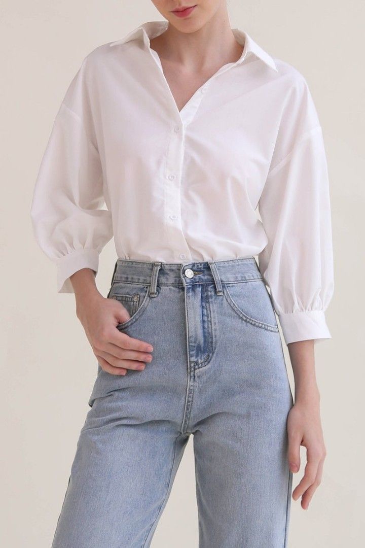 ALANA BIG SLEEVE SHIRT WHITE, Women's Fashion, Tops, Blouses on Carousell