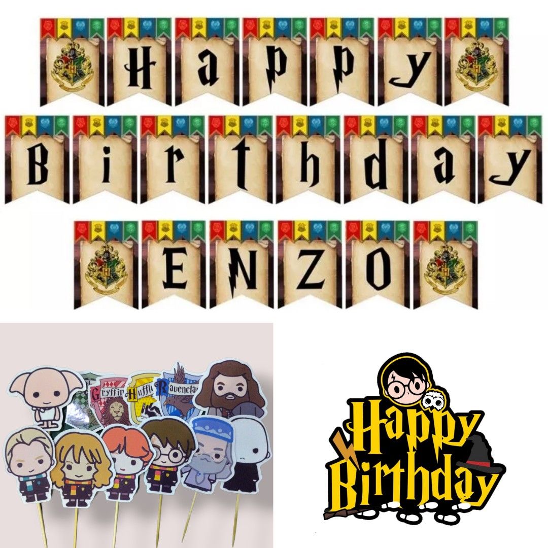 Harry Potter Hogwarts Theme Birthday Party Banner Cupcake Cake Topper ...
