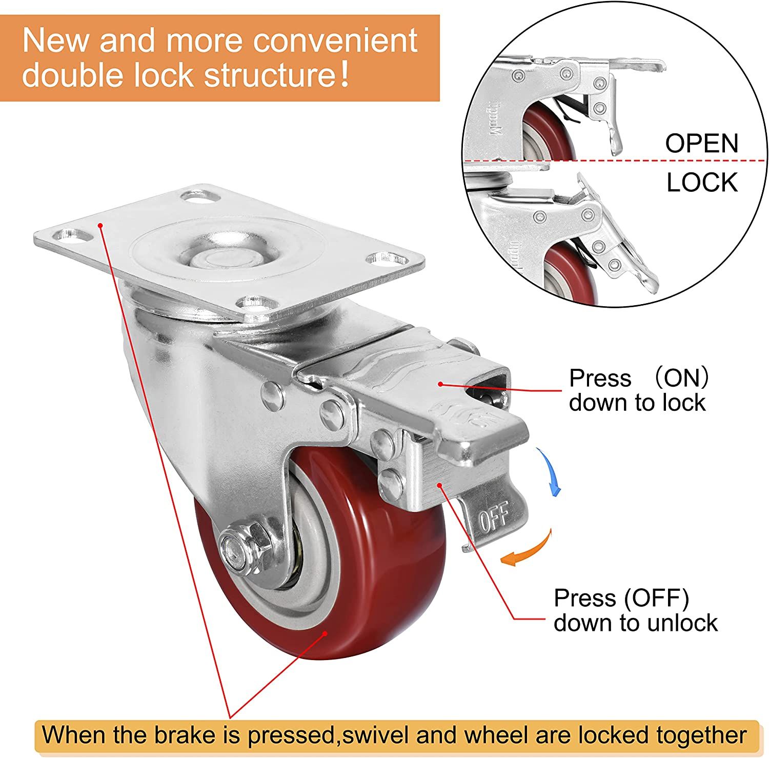 Moogiitools 3" PVC Heavy Duty 1000lbs Swivel Rubber Caster Wheels with ...