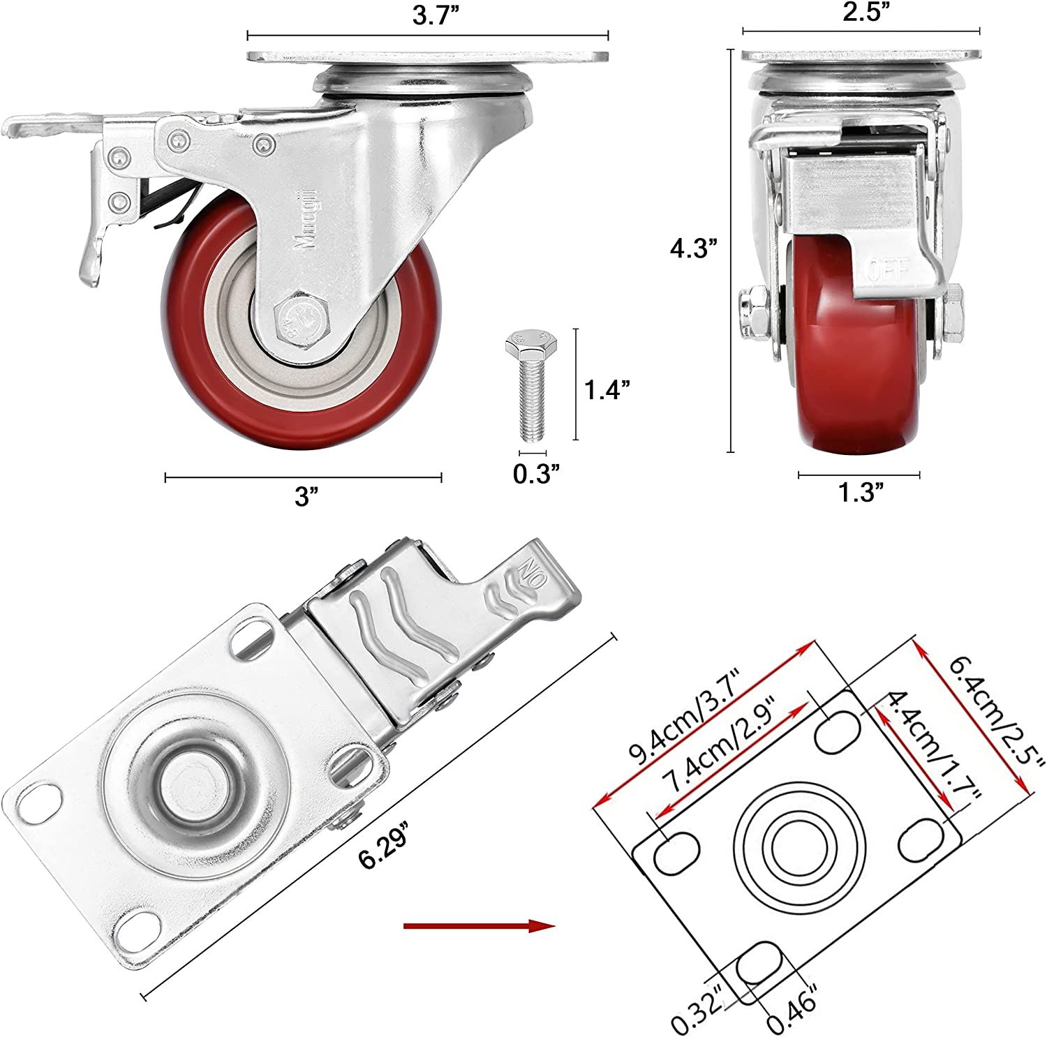 Moogiitools 3" PVC Heavy Duty 1000lbs Swivel Rubber Caster Wheels with ...