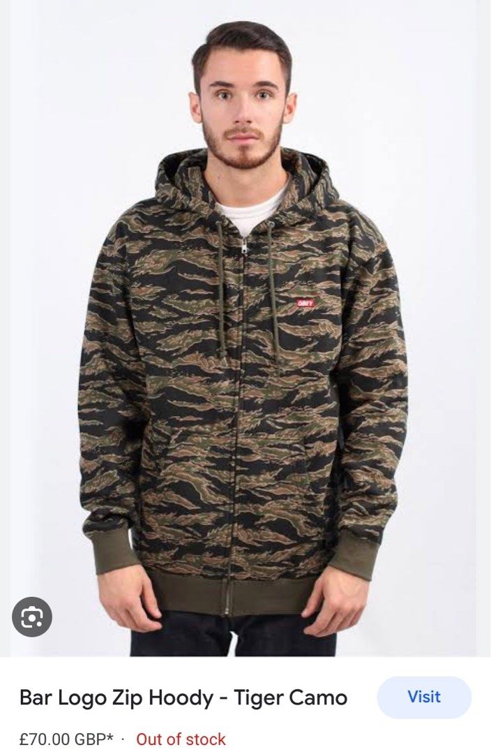 Obey Bar Logo Tiger Camo Fullzip Hoodie, Men's Fashion, Tops & Sets ...