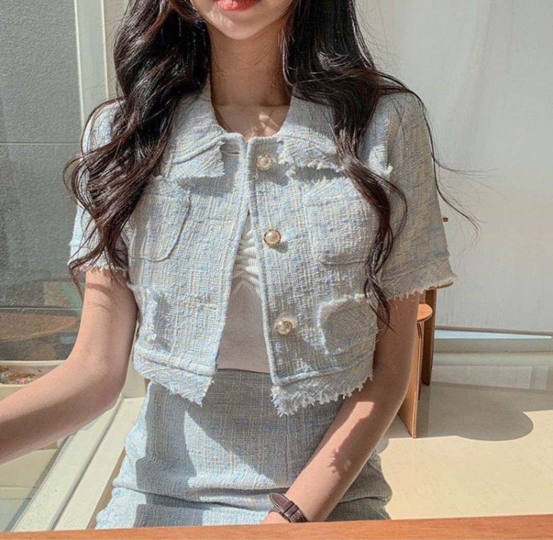 Tweed Top+Skirt Set / Korean Baby Blue Rok dan Crop Blazer Set, Fesyen ...