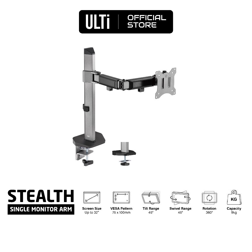 ULTi Stealth Single Monitor Desk Mount Stand, Articulating Full Motion ...