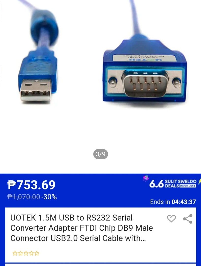 Uotek 1.5M USB TO RS232 SERIAL CONVERTER ADAPTER FTDI CHIP DB9 MALE ...