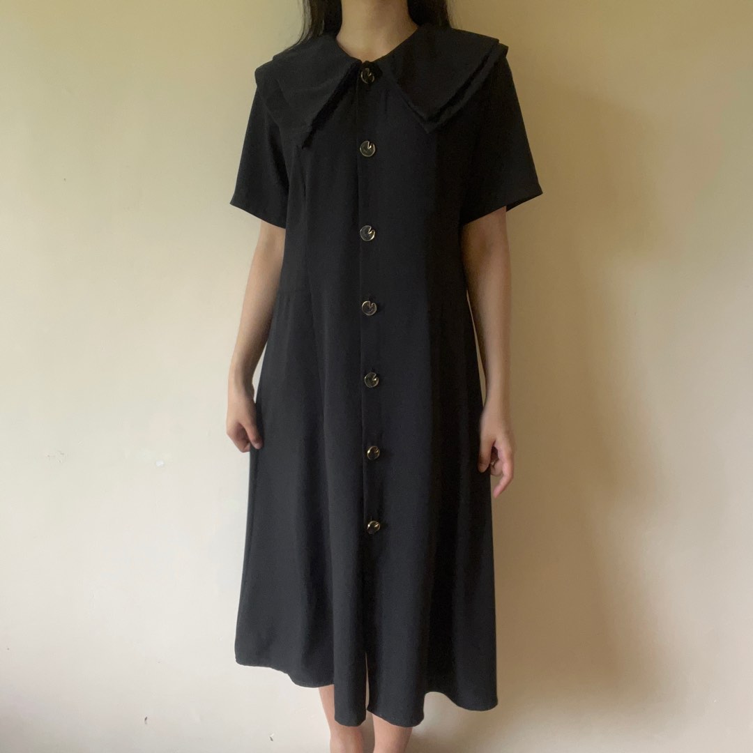 Vintage Classic Wednesday Addams Vibe Button Down Black Dress, Women's ...