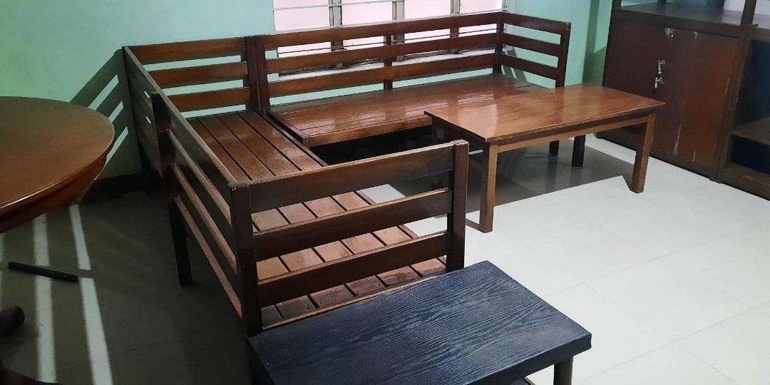 Wooden L Shape Sofa on Carousell