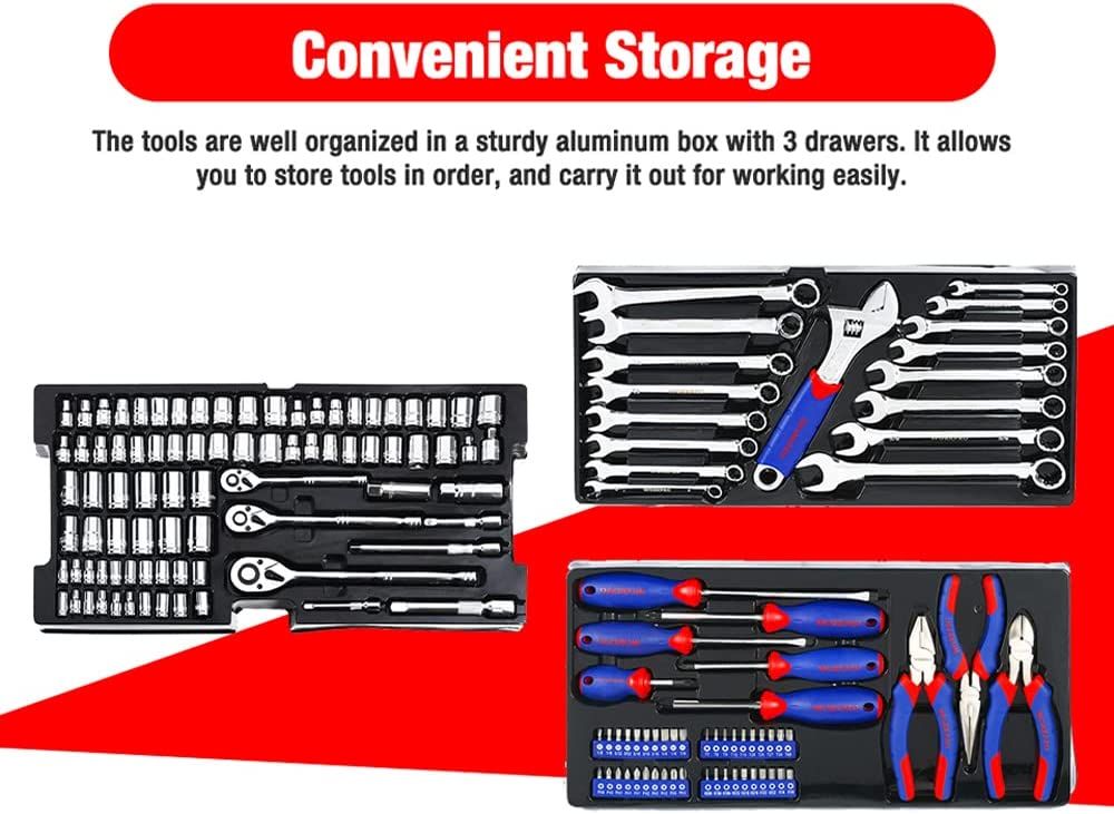 WORKPRO 408-Piece Mechanics Tool Set, General Household Home Repair Tool Kit with 3-Drawer Heavy ...