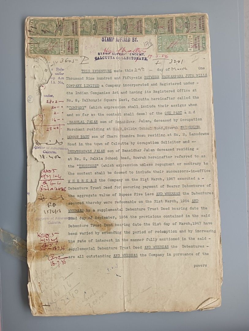 1956 DEBENTURES TRUST DEED with many King George VI rs1000 stamp . 46 ...