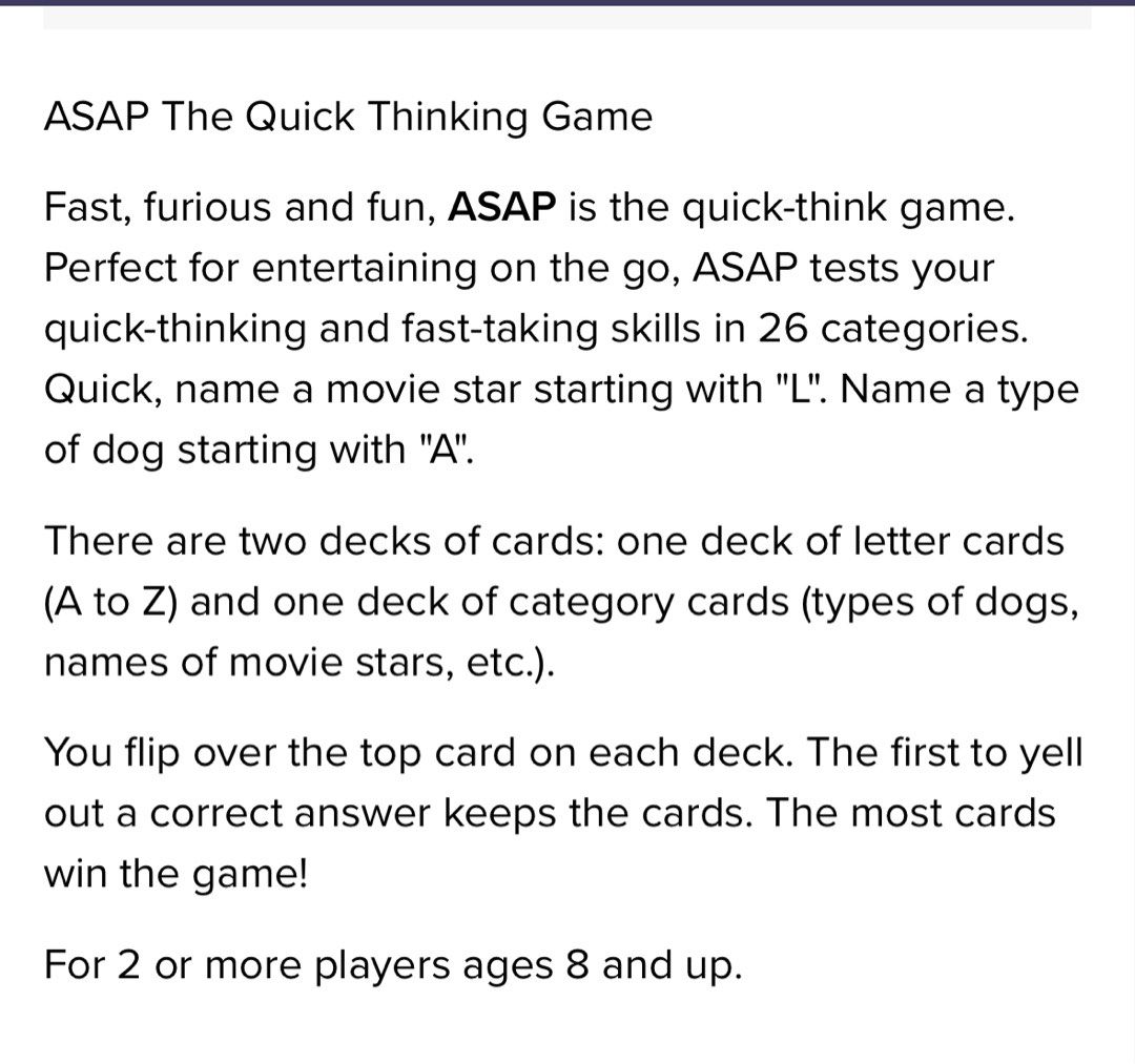 ASAP (the quick think game), Hobbies & Toys, Toys & Games on Carousell