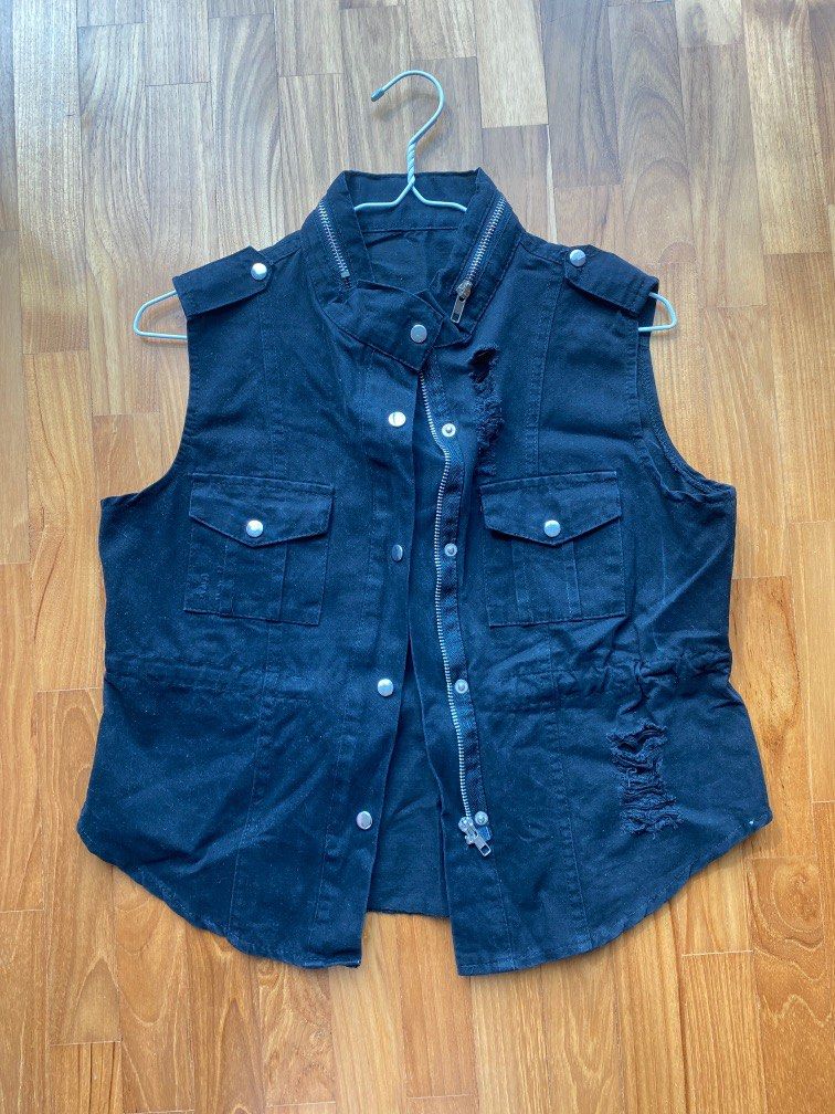 Black Ripped Denim Vest with Button and Zip Closure, Women's Fashion ...