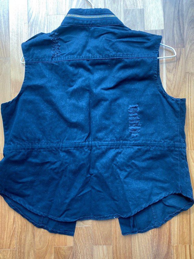 Black Ripped Denim Vest with Button and Zip Closure, Women's Fashion ...