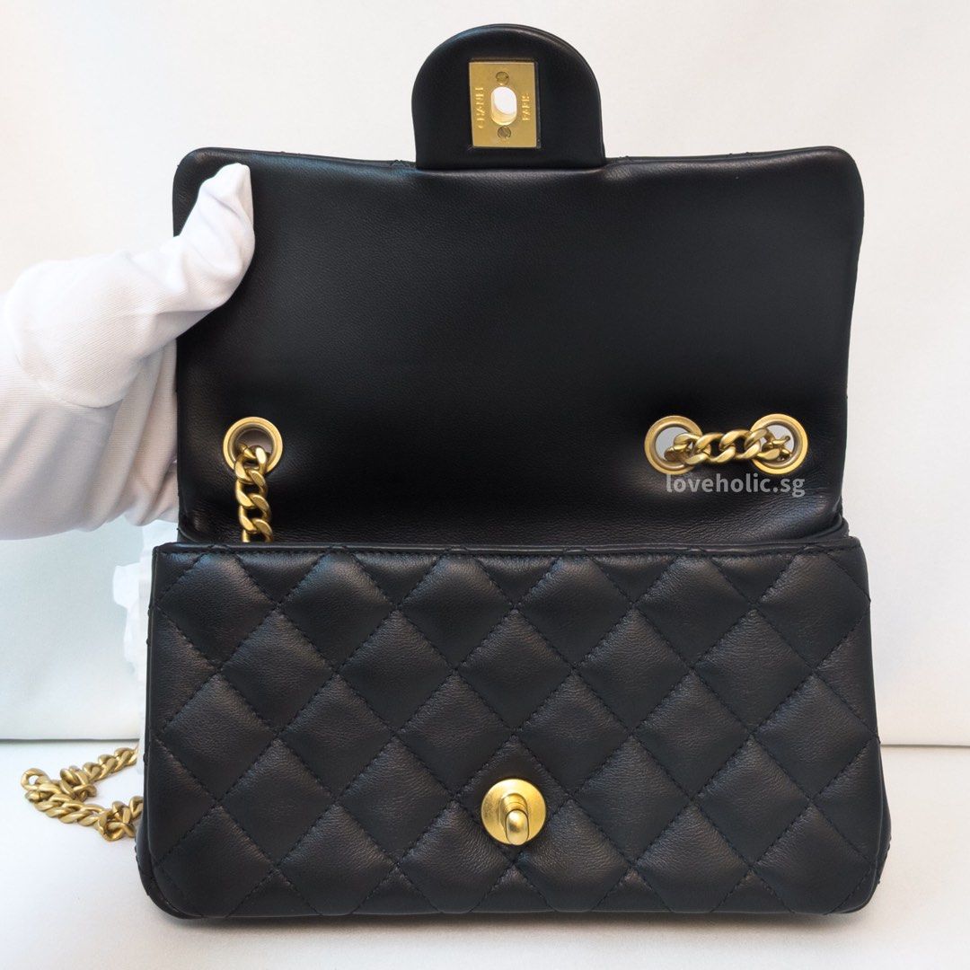 Chanel 23S Sweet Camellia Mini Rectangle | Black Lambskin Brushed Gold ...