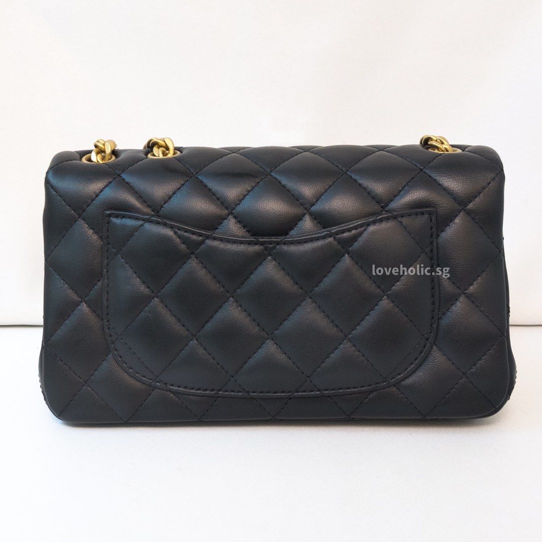 Chanel 23S Sweet Camellia Mini Rectangle | Black Lambskin Brushed Gold ...