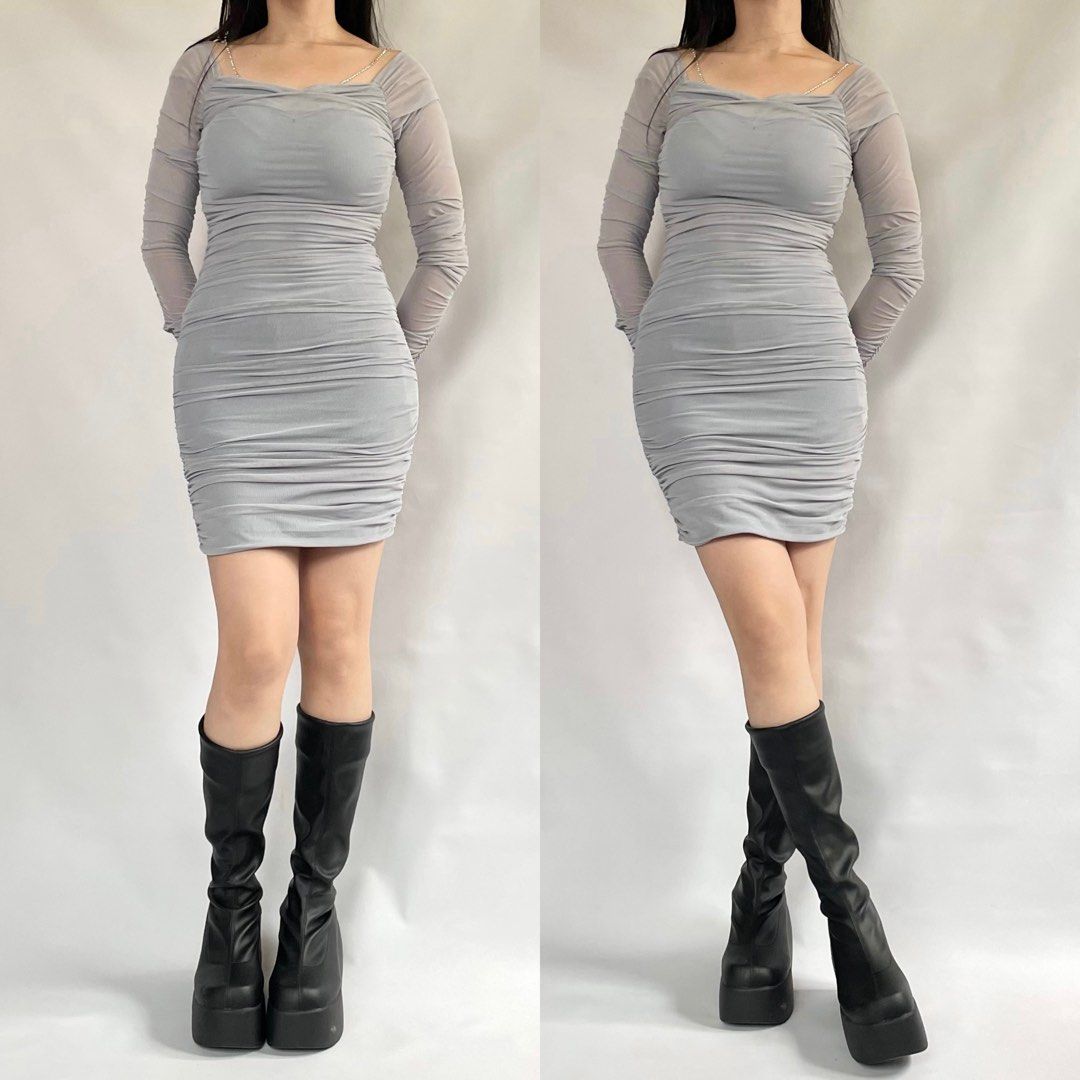Dusty Pastel Blue Ruched Bodycon Mini Dress, Women's Fashion, Dresses ...