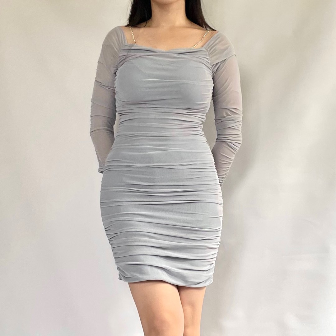 Dusty Pastel Blue Ruched Bodycon Mini Dress, Women's Fashion, Dresses ...