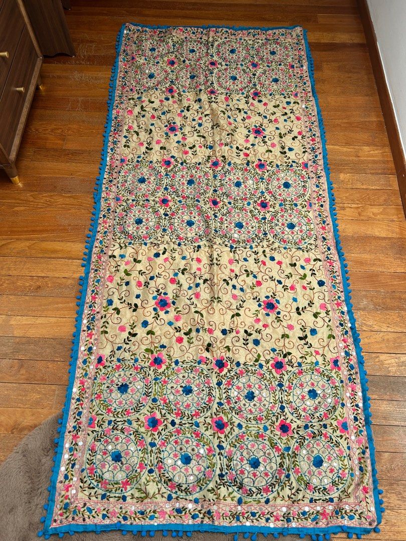 Hand Embroidered Fabric Runner with Blue Border, Furniture & Home ...