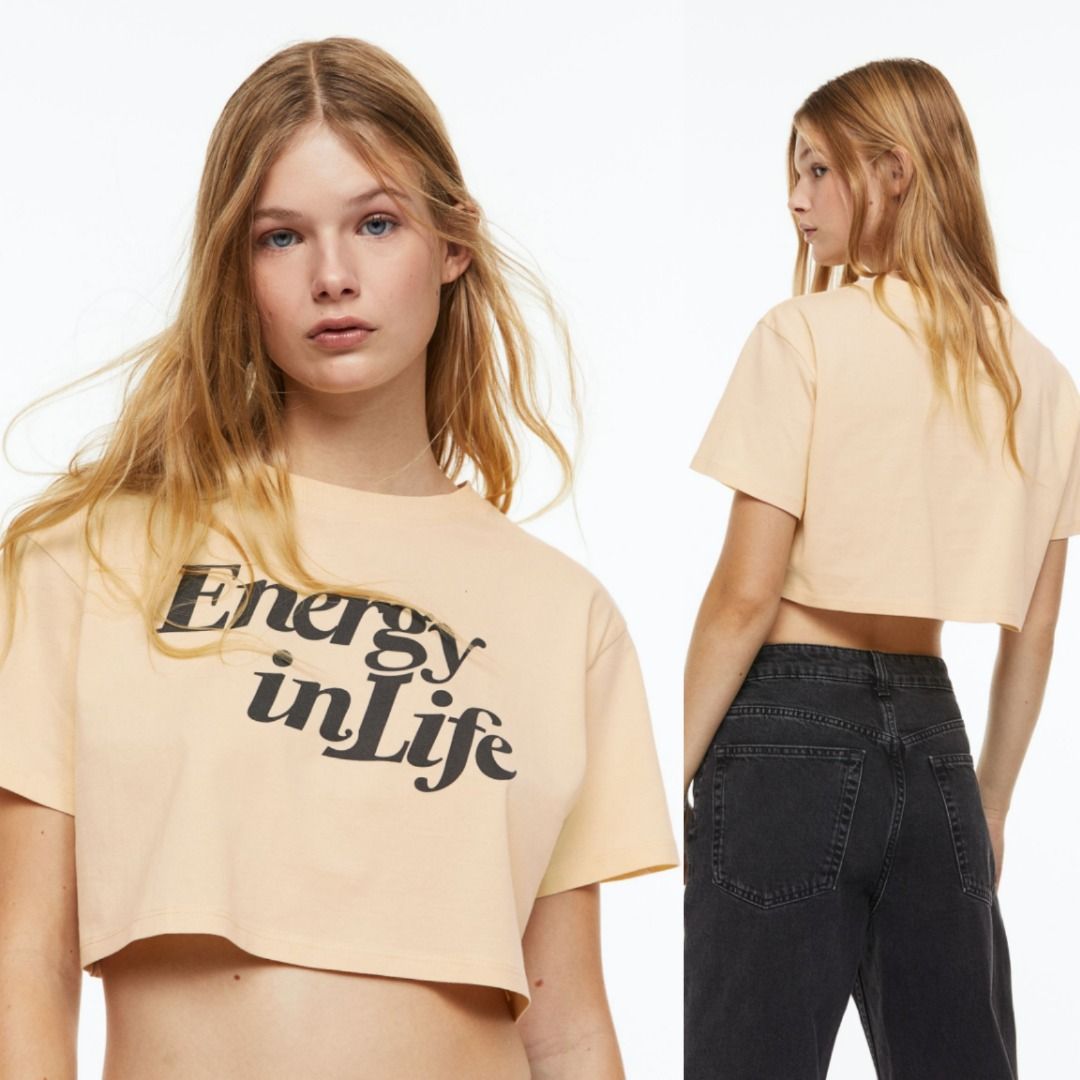 H&M | Light Pale Yellow Printed Graphic Statement Hanging Tee Crop Tops ...