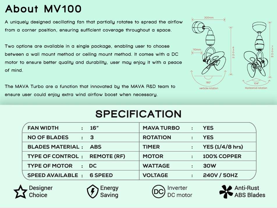 MAVA CORNER FAN / WALL FAN / CEILING FAN / MV100 (DC MOTOR), Furniture & Home Living, Lighting ...