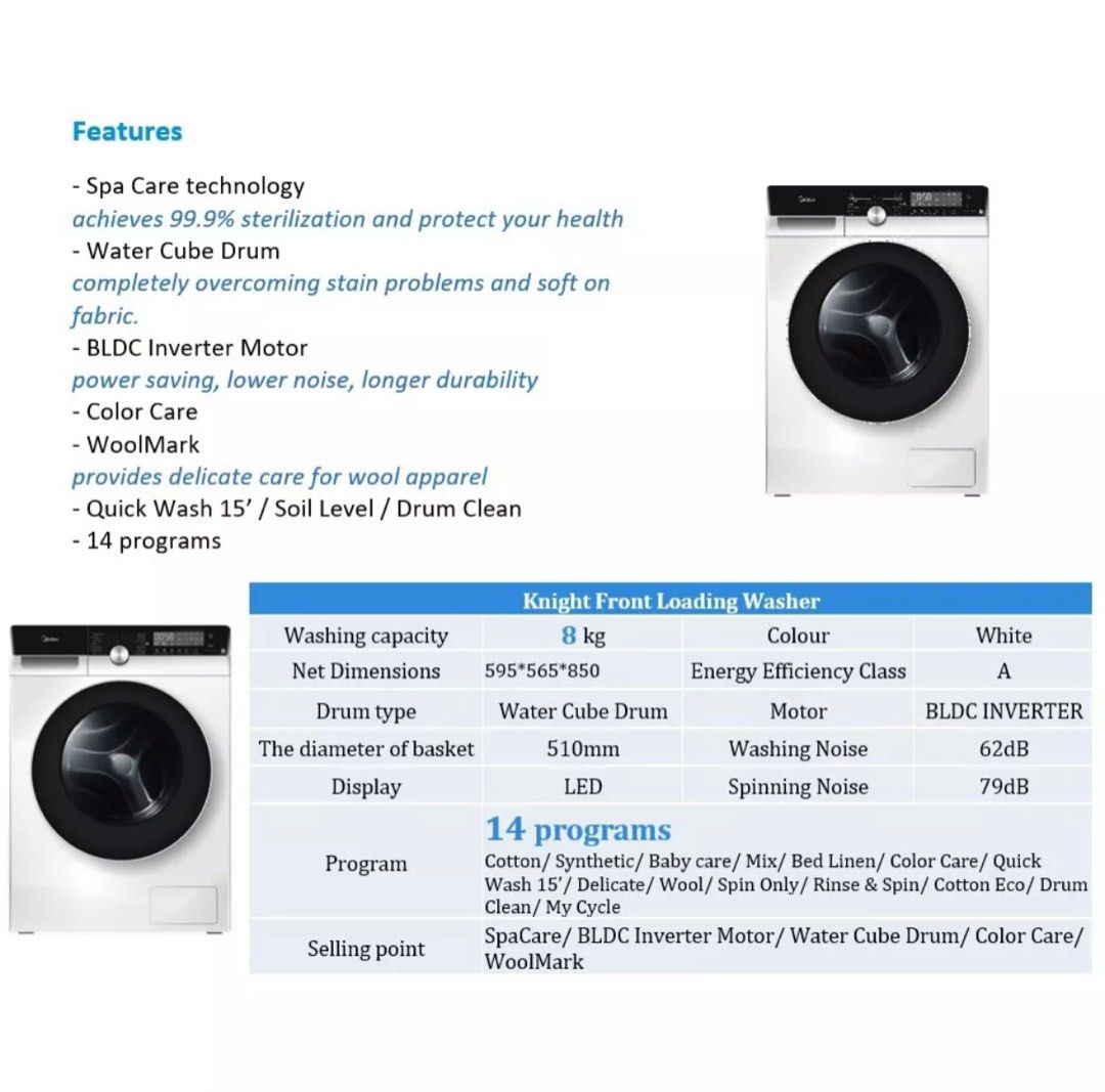 MIDEA MFK868W 8KG KNIGHT FRONT LOAD INVERTER WASHING MACHINE, TV & Home ...