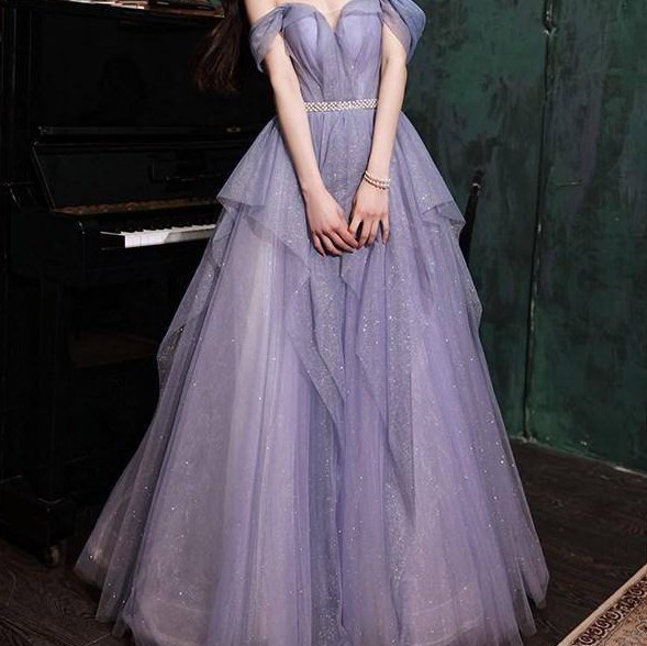 (NEGOTIABLE) Purple Lilac Glitter Long Sleeve Ball Gown Evening Prom ...