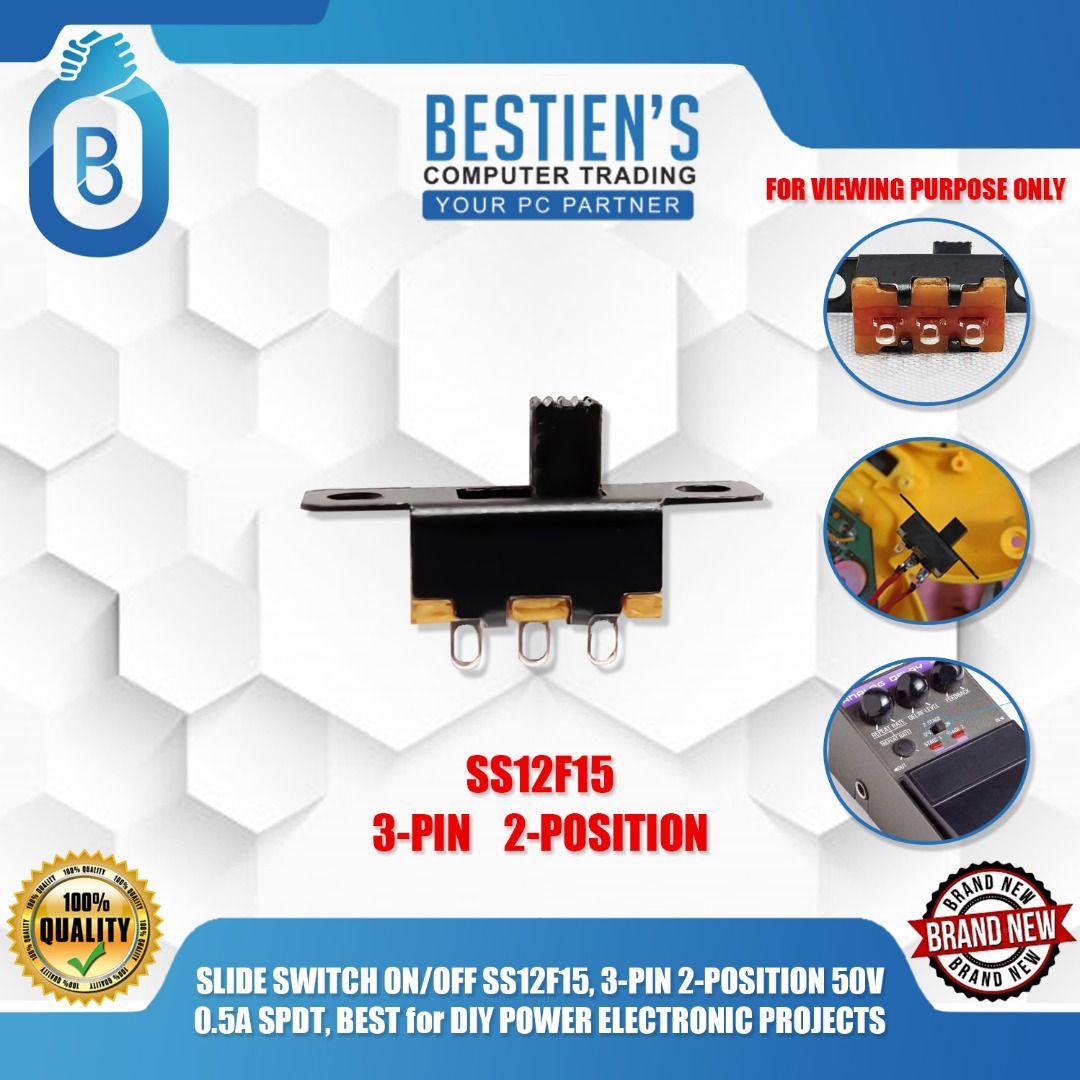 SLIDE SWITCH ON/OFF SS12F15, 3-PIN 2-POSITION 50V 0.5A SPDT, BEST for DIY POWER ELECTRONIC ...