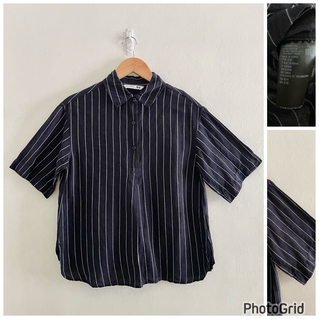 Uniqlo linen navy blue boxy top, Women's Fashion, Tops, Shirts on Carousell