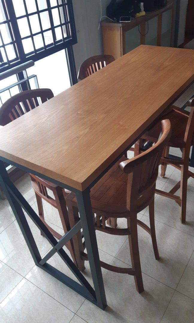 Wooden high table with 4 high chairs, Furniture & Home Living ...
