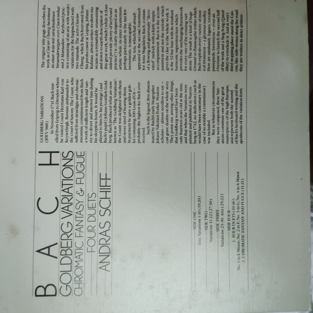 BACH GOLDBERG VARIATIONS / CHROMATIC FANTASY & FUGUE FOUR DUETS / ANDRAS SCHIFF / vinyl /2 lp ...