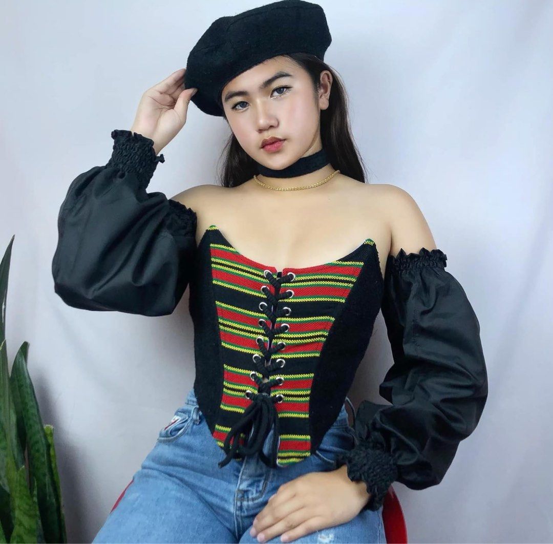 Benguet fabric corset. (Removable Sleeves), Women's Fashion, Tops ...