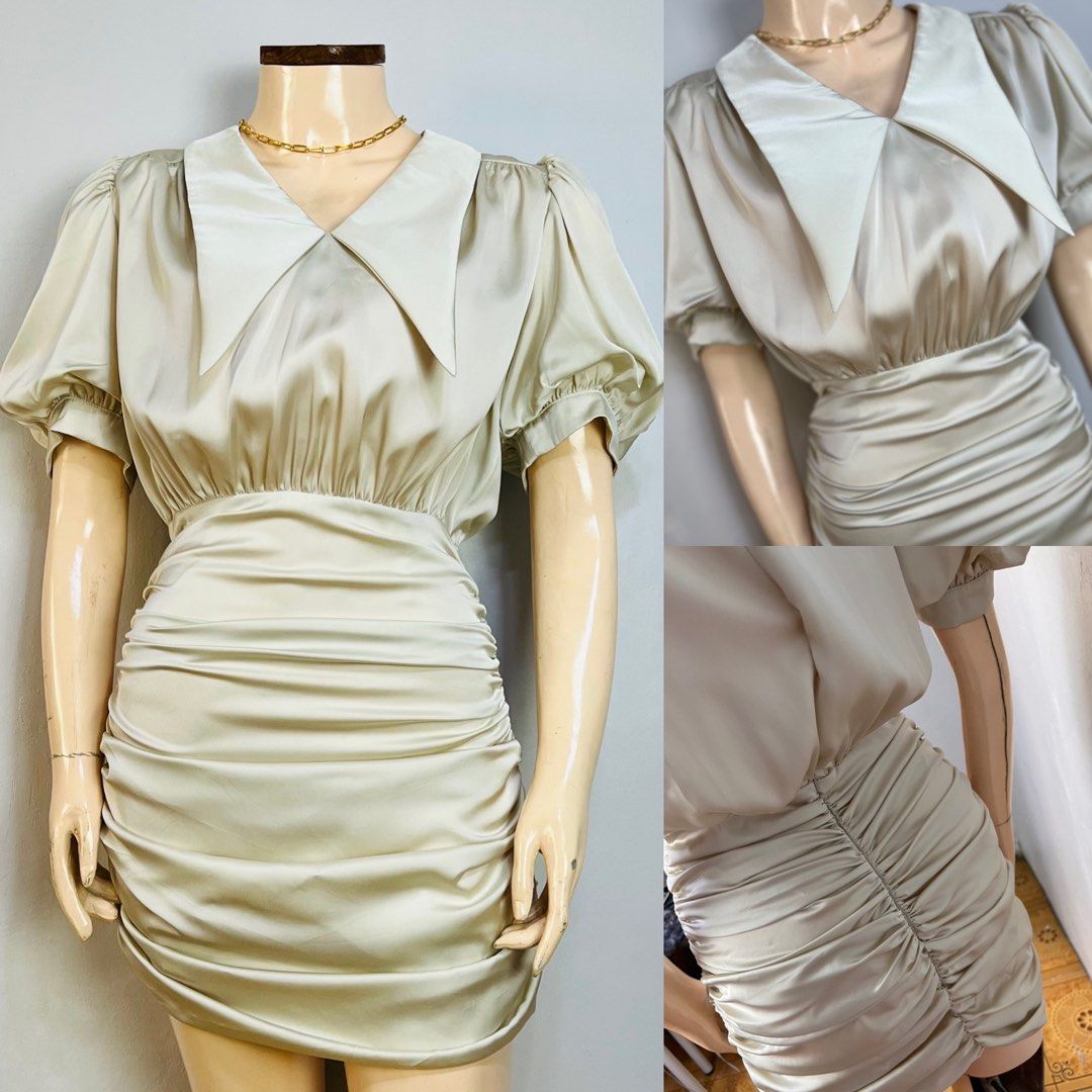 Biege Silk/Satin Dress, Women's Fashion, Dresses & Sets, Dresses on Carousell