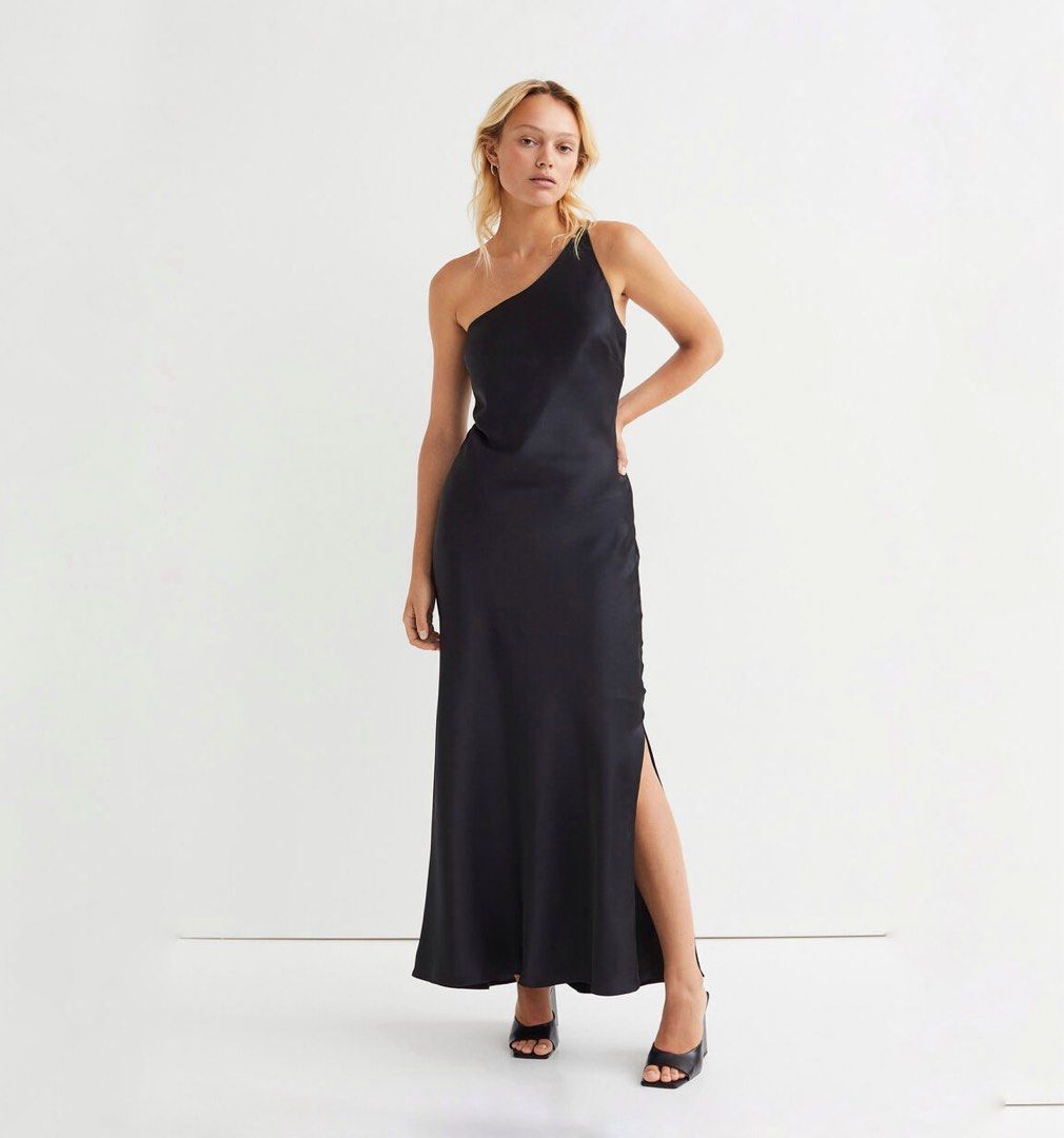 Black H & M One Shoulder Slip Maxi Dress Sz 46, Fesyen Wanita, Pakaian ...