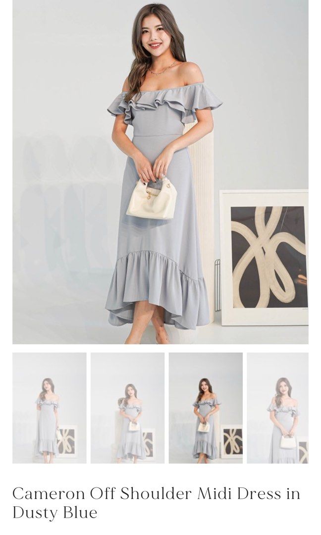 [BNWT] Mikayla - Cameron Off Shoulder Midi Dress in Dusty Blue, Women's Fashion, Dresses & Sets ...