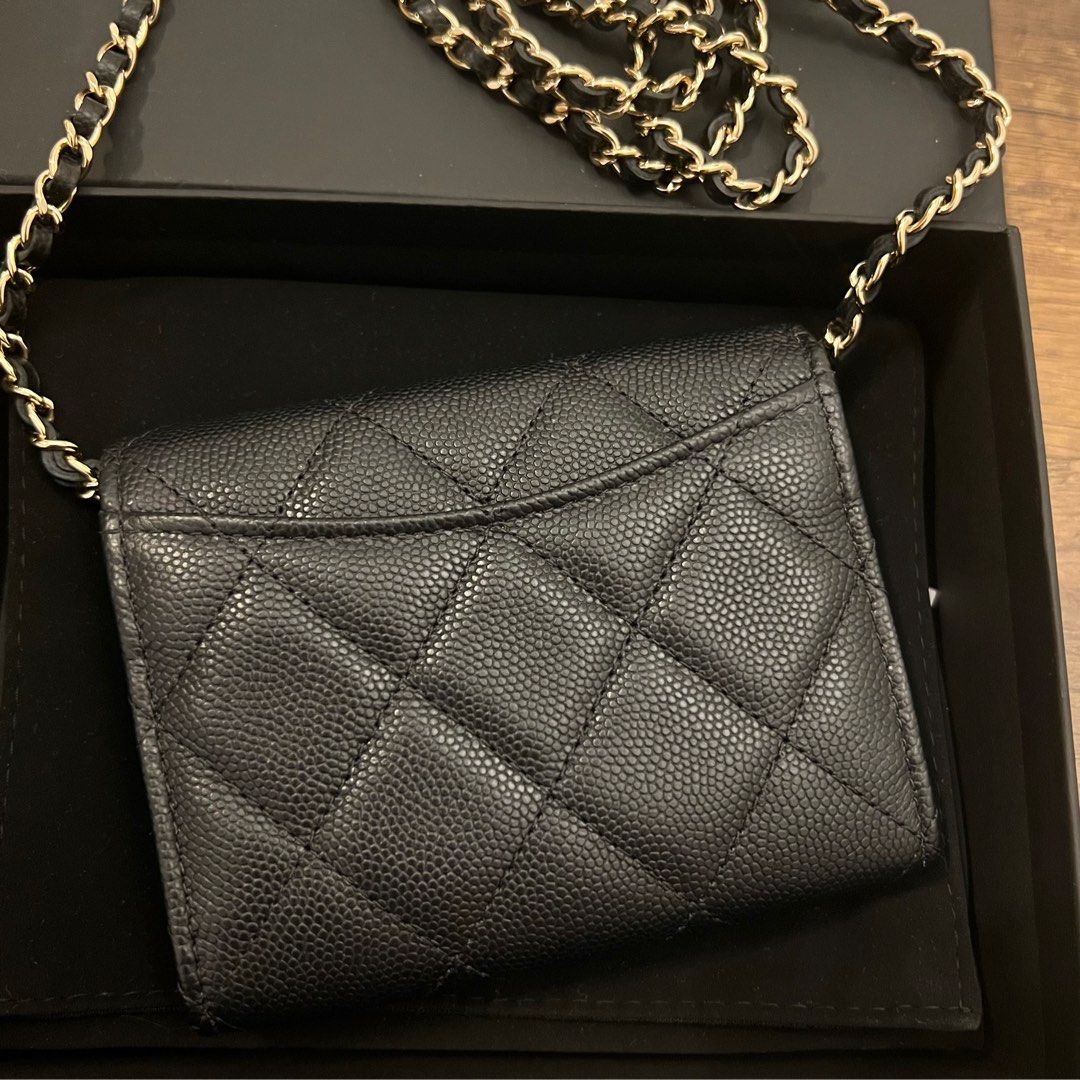 真品Chanel mini woc黑色荔枝皮金鍊斜背包 皮夾 雙層卡包 零錢包 廢包, 名牌精品, 精品包與皮夾在旋轉拍賣