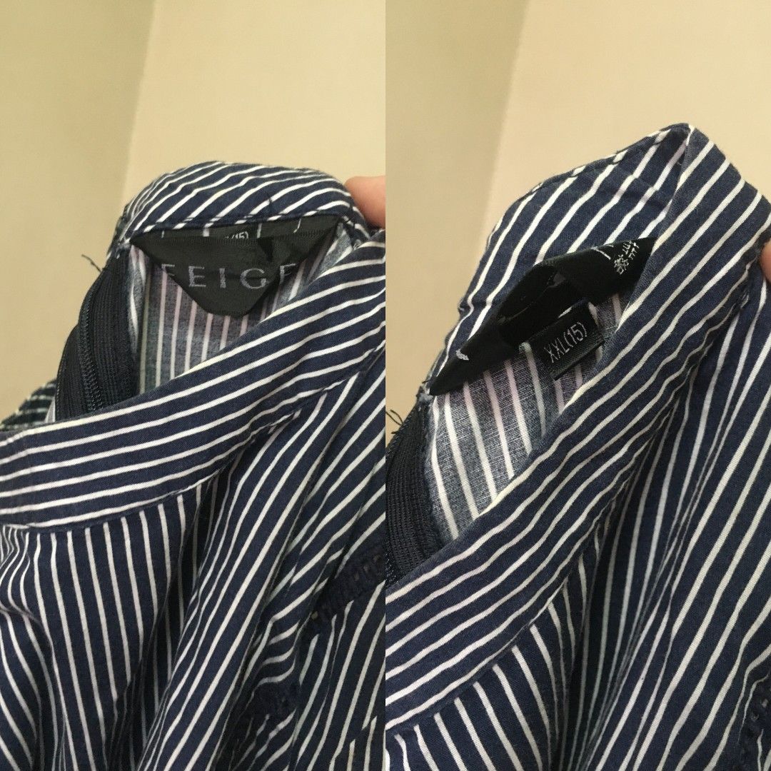 Dark / navy blue and white vertical striped stripes balloon puff sleeve ...