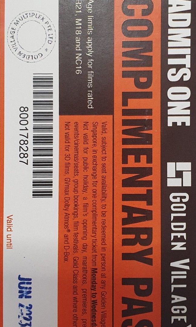 Golden Village Complimentary Pass, Tickets & Vouchers, Vouchers on ...