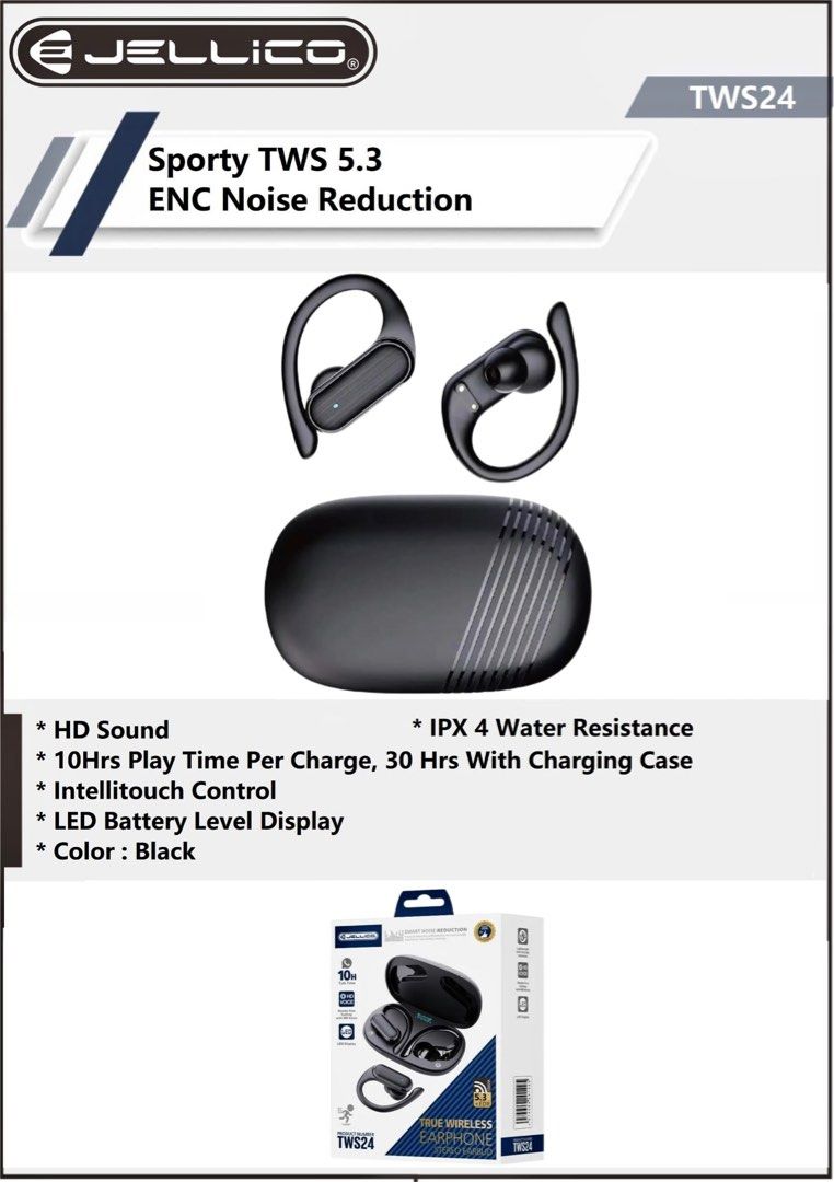 Jellico Sporty 藍牙5.3 ENC 降嘈耳機 TWS24, 音響器材, 耳機 - Carousell