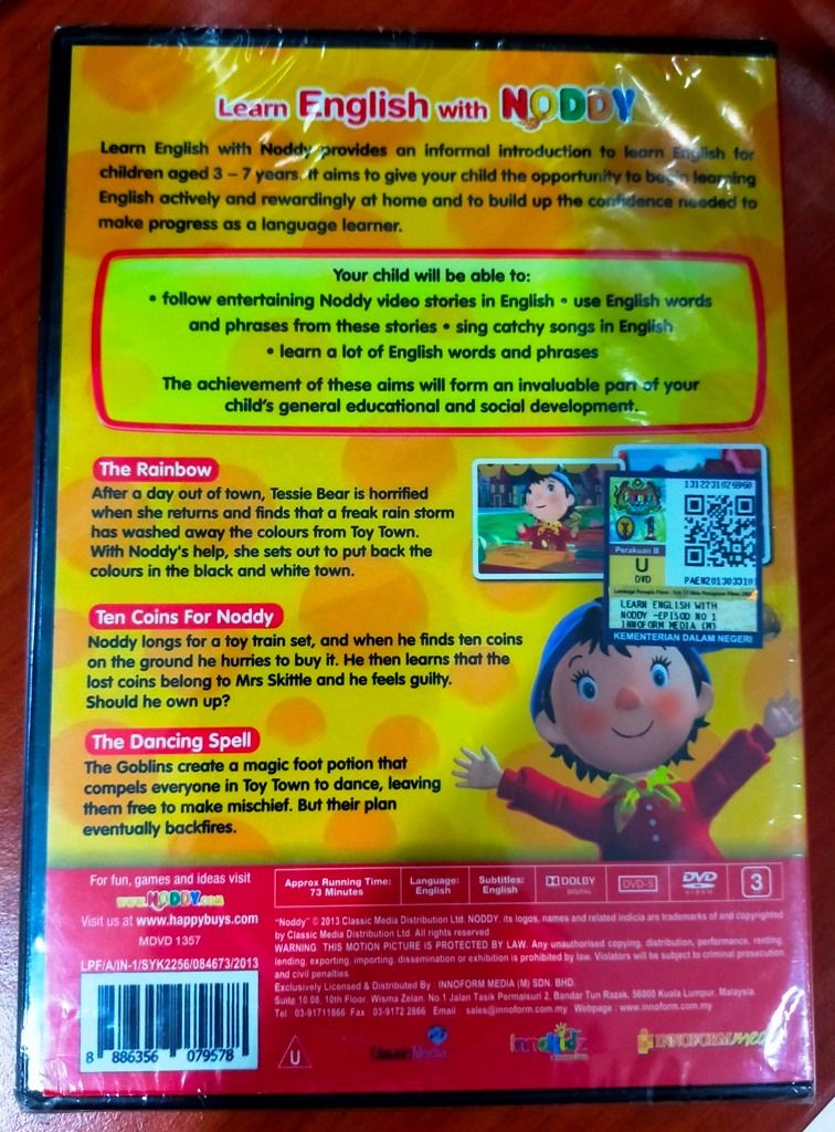 Learn English With Noddy Vol.1 DVD Age 3-7 Years Pre-School Children ...
