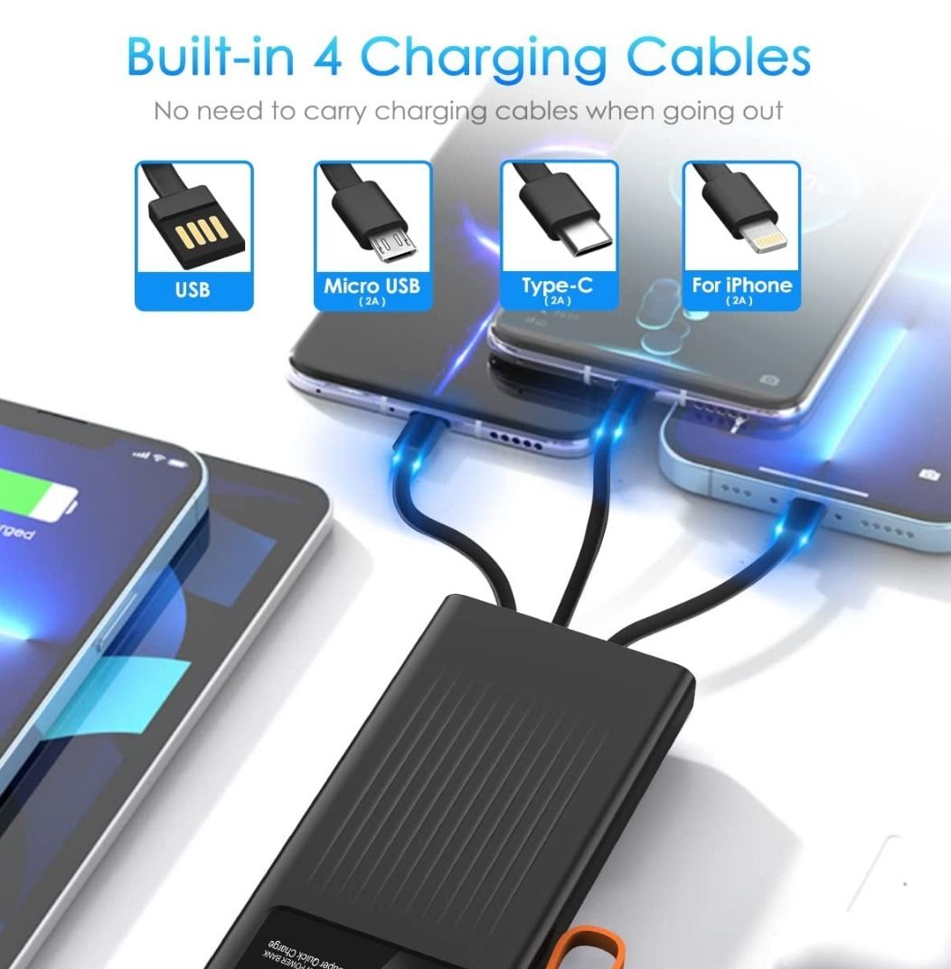 Power Bank with Built in Cables, 66W QC3.0 Fast Charging 20000mAh ...