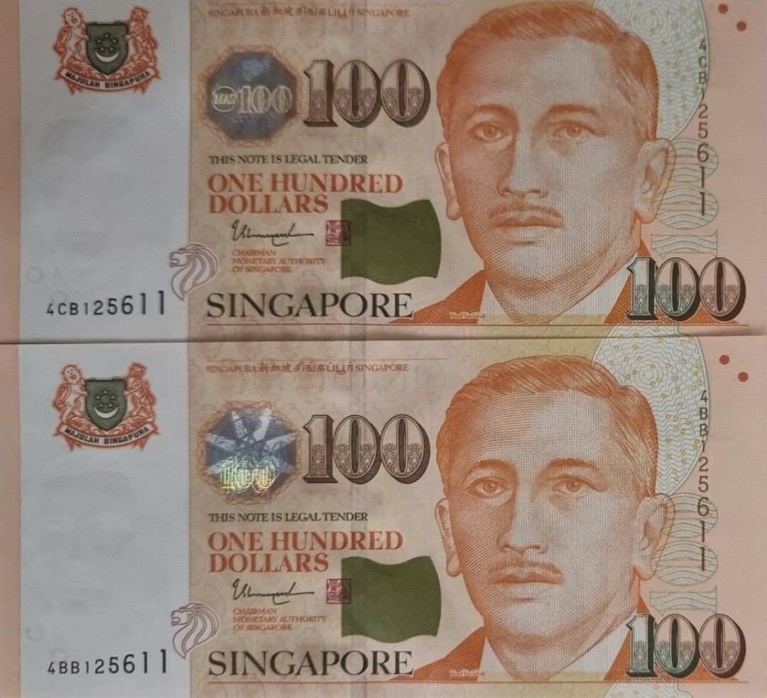 Singapore series currency notes $100 dollars same number, Hobbies ...